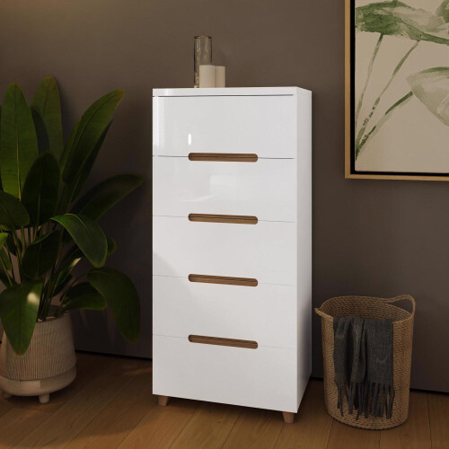 FWStyle Veloce 5 Drawer Tallboy Chest of Drawers High White Gloss No ...