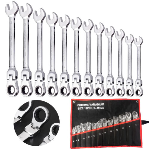 12PCS Flexible Ratchet Spanner Set, 8~19mm Metric Combination Wrench Set With Roll Bag, Flex ...
