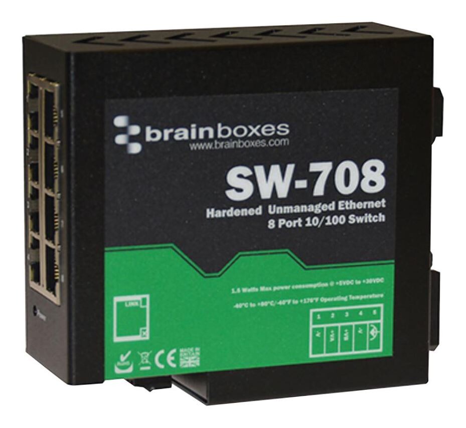 BRAINBOXES - 8 Port Hardened Industrial Unmanaged Ethernet Switch, DIN ...