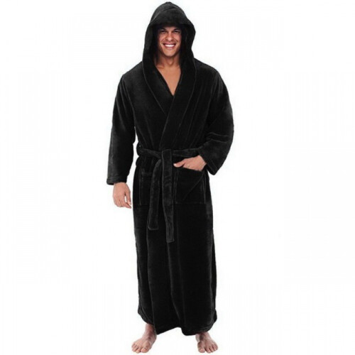 (3XL, Black) Men Long Hooded Bathrobe Soft Nightgown Robe Dressing Gown ...