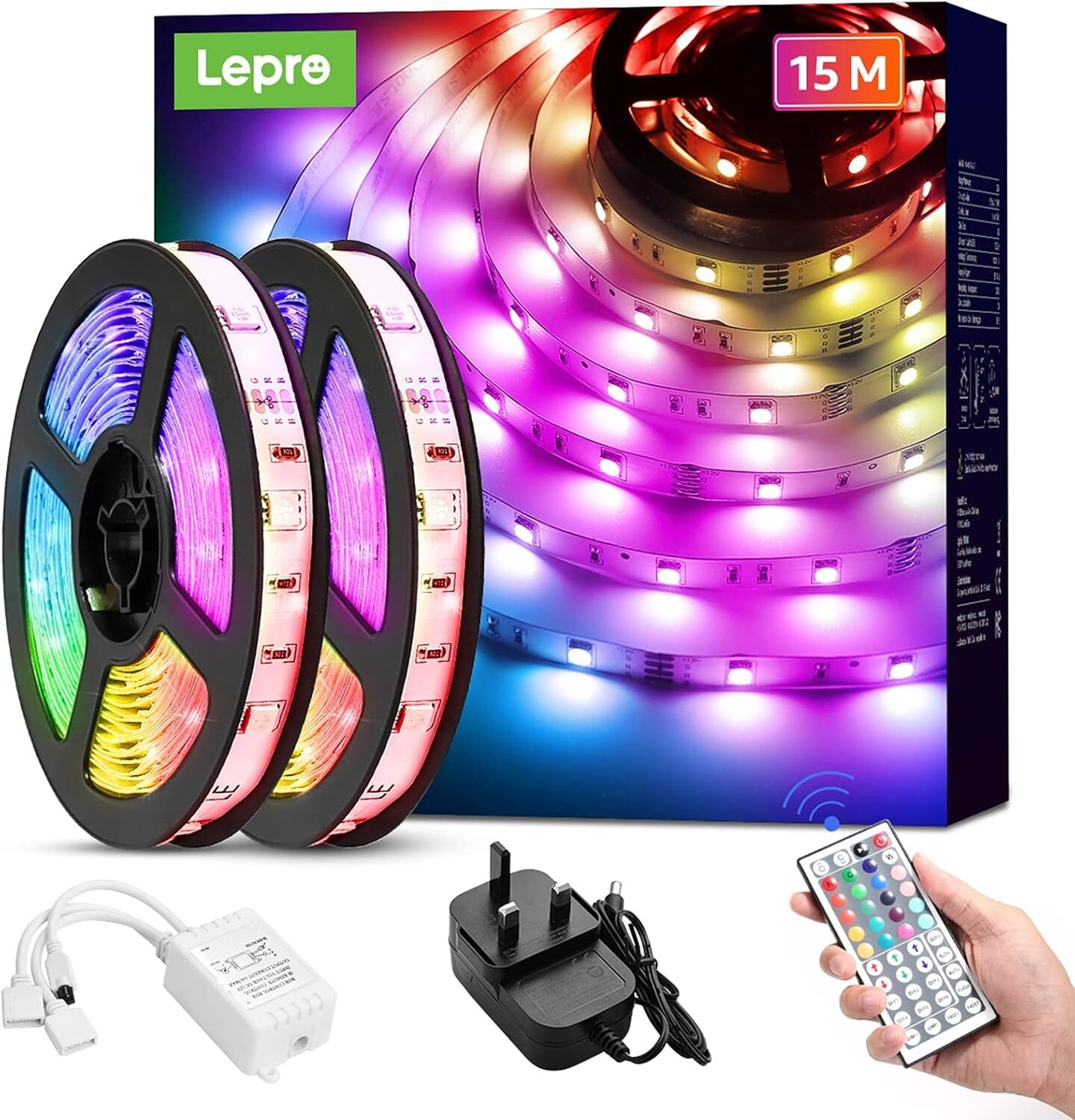 Lepro LED Strip Lights 15M (2x7.5M), RGB Colour Changing LED Strip with ...