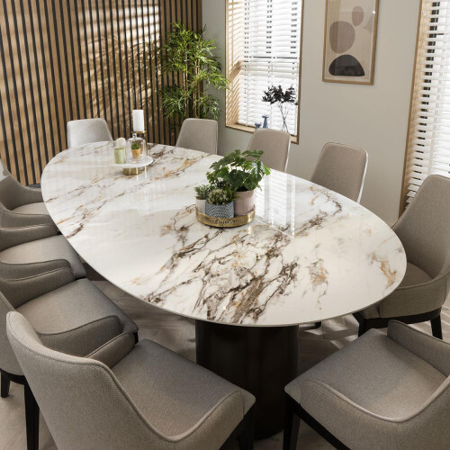 Extra Large Oval Luxury 10 Seater Marble Effect Dining Set - 10 Person Dining Set on OnBuy