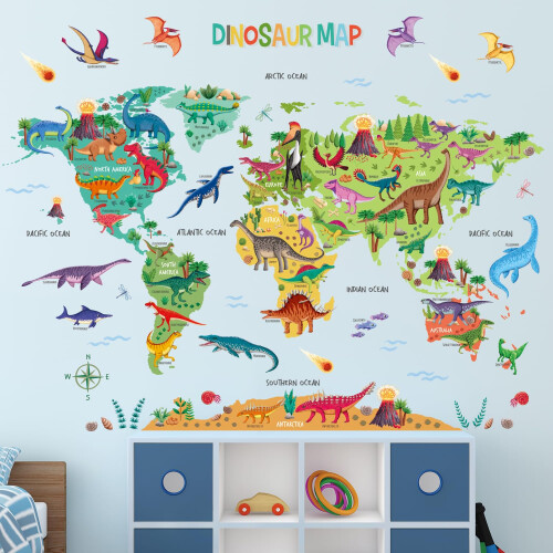 SG2-2312 Large Dinosaur World Map Kids Wall Stickers Educational ...