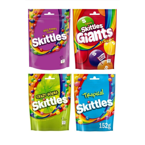 Assorted Sweet Skittles Fruit Flavoured Sharing Pouch - Skittles Wild Berry 136g, Fruits Giants ...