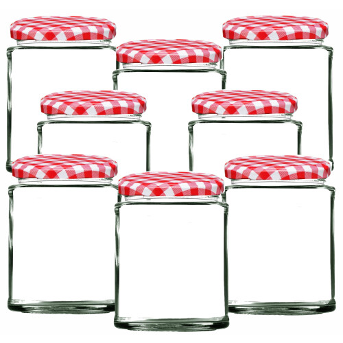 Round Glass Jam Jars with Red Gingham Lids & Adhesive Labels | 190ml / 7oz Glass Jars with Air ...