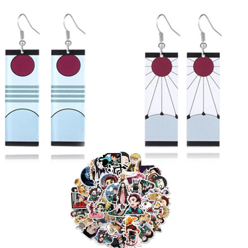 2 Pairs Demon Slayer Cosplay Earrings and 50 Pcs Demon Slayer Stickers ...
