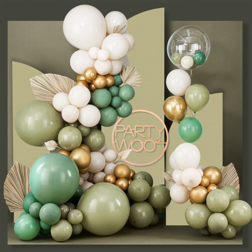 140 pcs Olive Green Balloon Arch Kit, Sage Green Balloon Garland Kit with Cream White Metallic ...