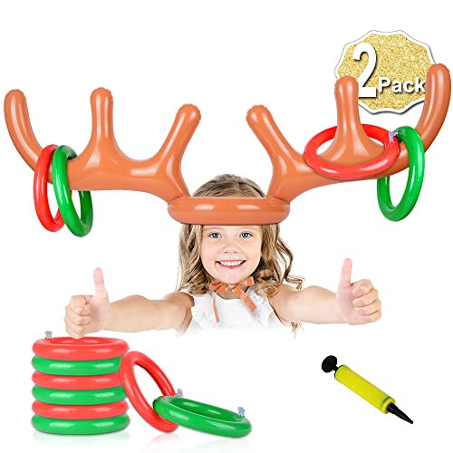2 Set Inflatable Reindeer Antler Game, (2 Inflatable Antler, 12 Rings ...