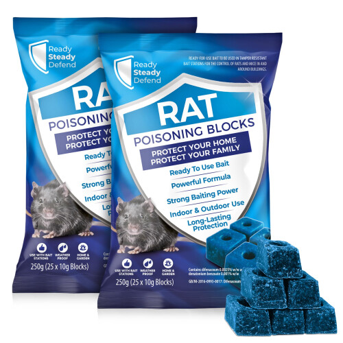 Rat & Mouse Poisoning Block Bait 500g (2x250g) Super Strength Rat Poison, Effective Indoor ...