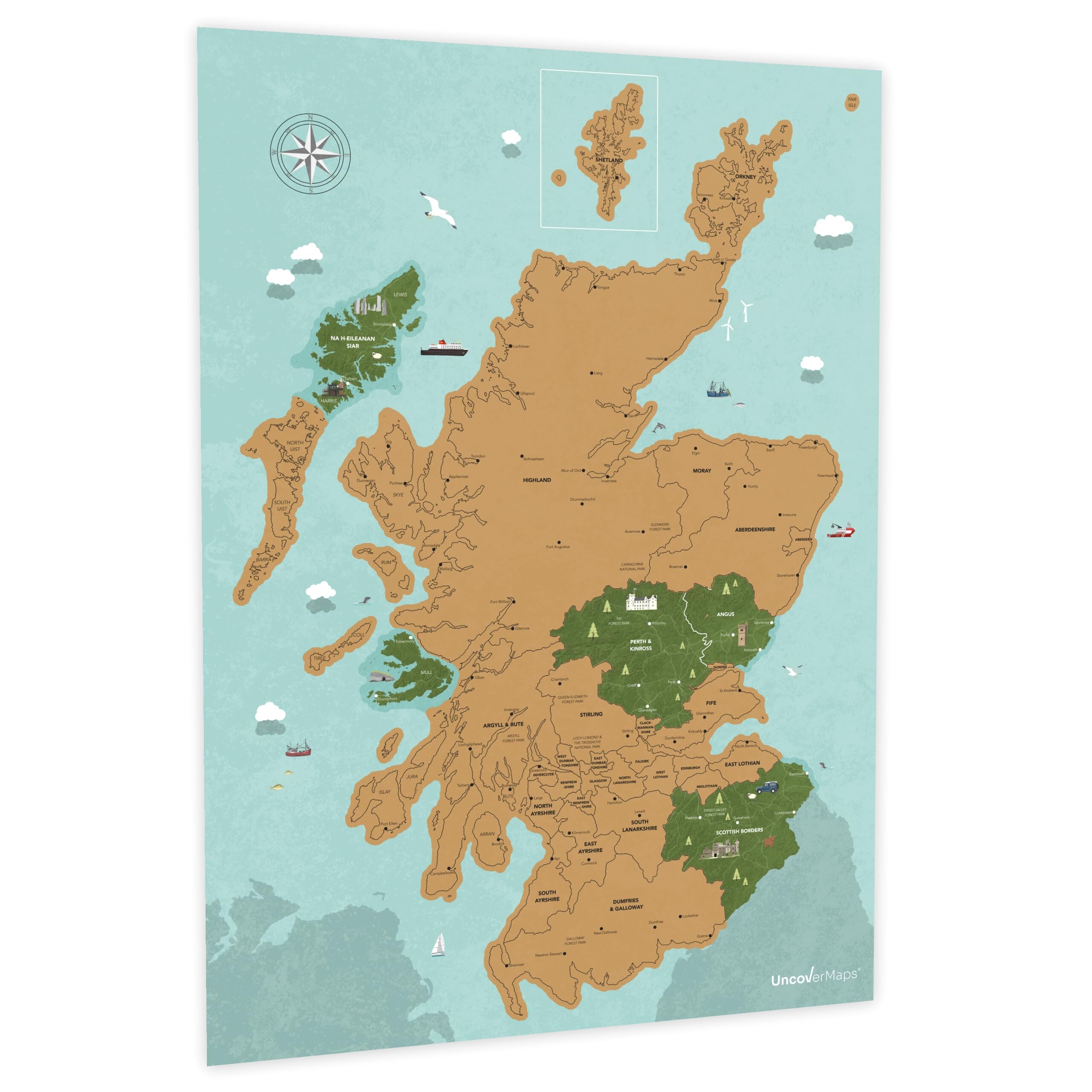 Scotland Scratch Off Map - A2 Travel Poster with Illustrated Landmarks ...