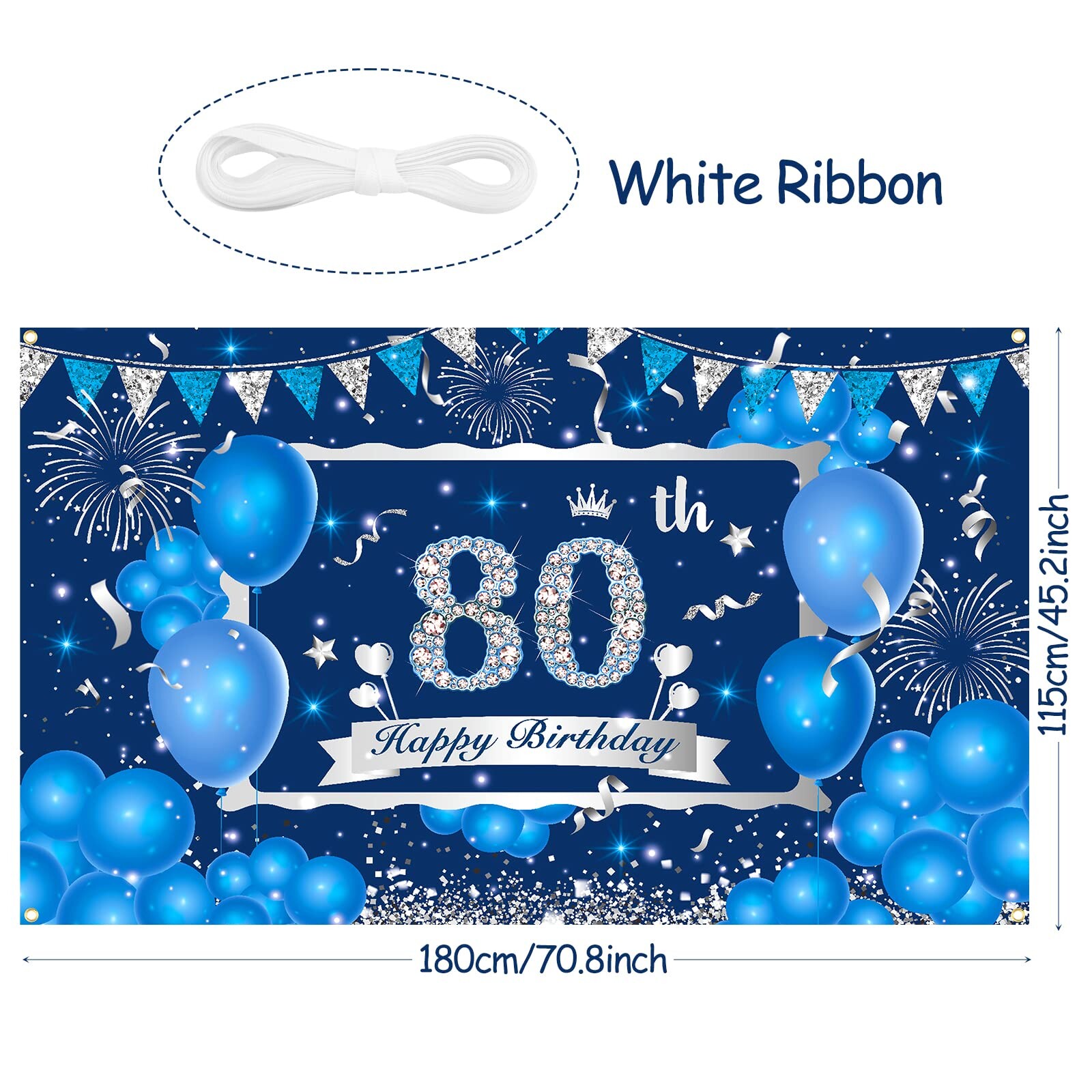 Blue 80th Birthday Decorations Banner for Men Women, Navy Blue Silver Happy 80th Birthday Banner ...