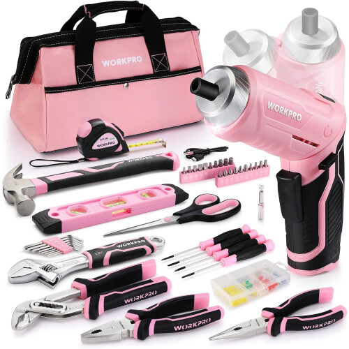 74-piece tool set with 3.7V cordless screwdriver, pink tool bag with ...