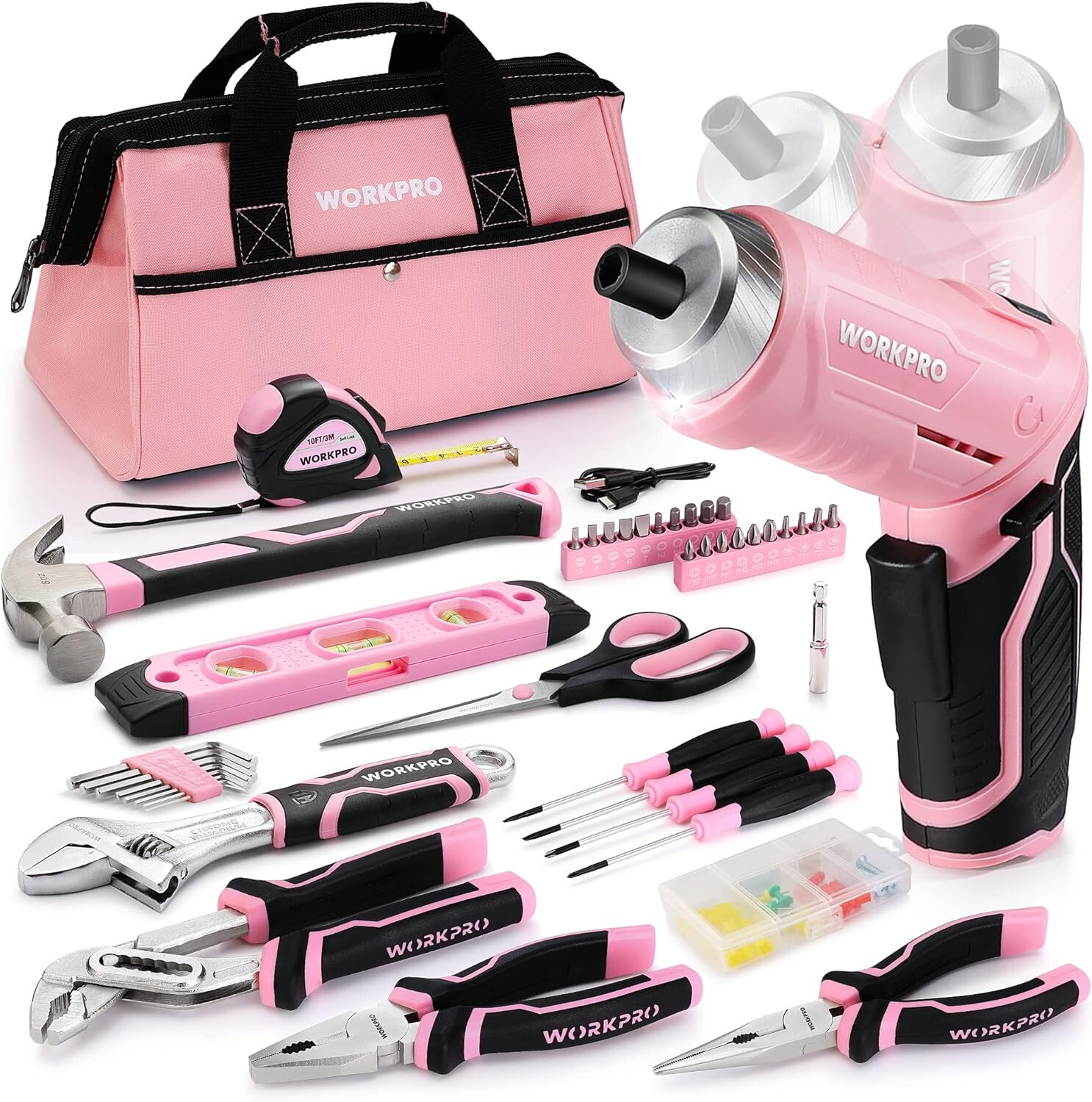 74-piece tool set with 3.7V cordless screwdriver, pink tool bag with ...
