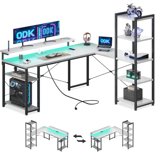 (White, 155 × 140 cm with LED & Outlets) ODK Computer Desk with Shelves ...