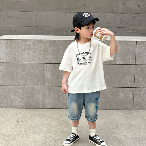(White, 150cm) Chic Boys Summer Outfit Light Cotton Two Piece Set With ...