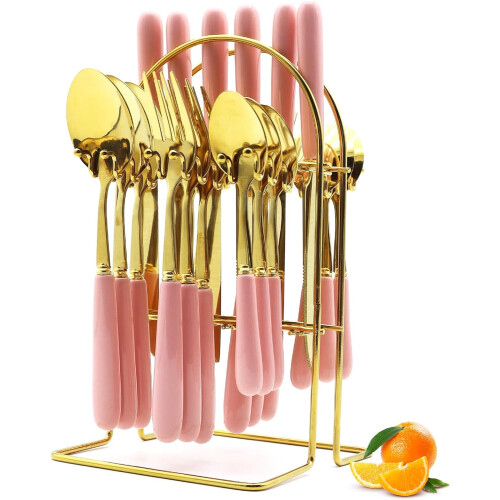 Gold coloured silver cutlery set, set of 24 (with silver cutlery holder ...