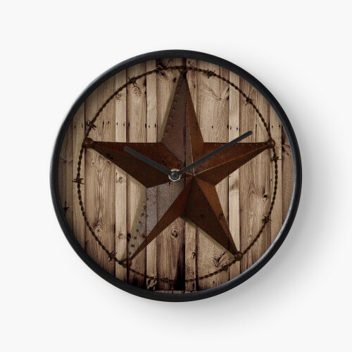 (primitive western country barn wood grunge star =448) Wall Clock 12 ...