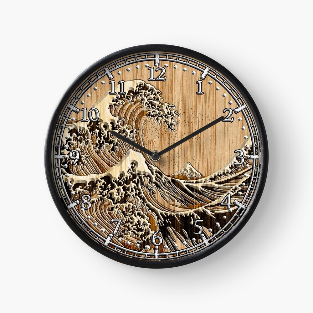 (The Great Hokusai Wave in Bamboo Inlay Style=434) Wall Clock 12 Inch ...