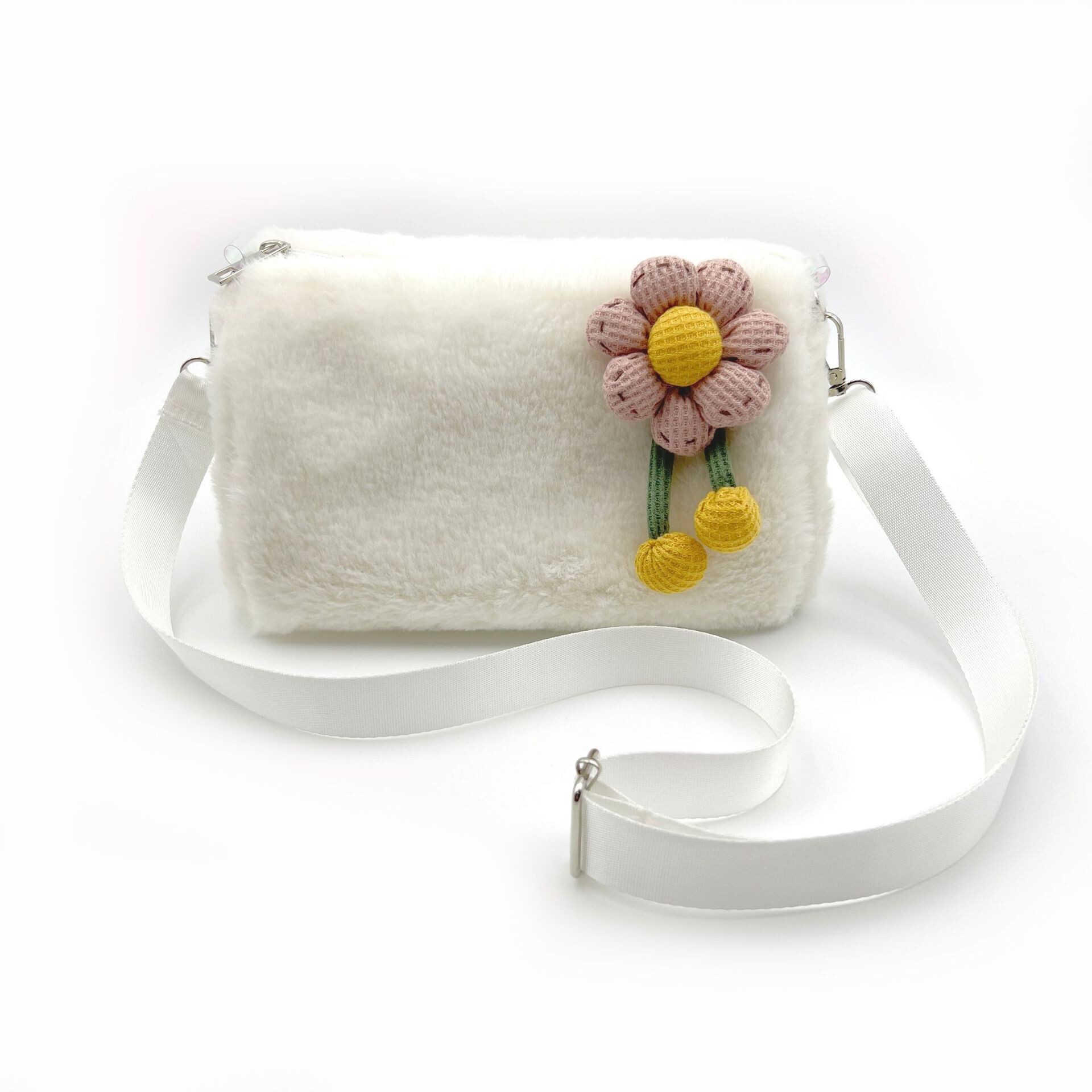 (Ivory) Makeup Delightful Plush Bag With Floral Embellishments Perfect ...