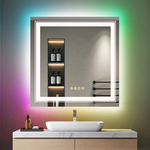 RGB Backlit Front Lighted Mirror 32 Inch Square Dimmable 11 Color ...