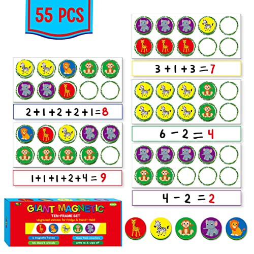 Magnetic Ten-Frame Set, 5 Frames & 55 Colorful Counters Ten Frame Math ...