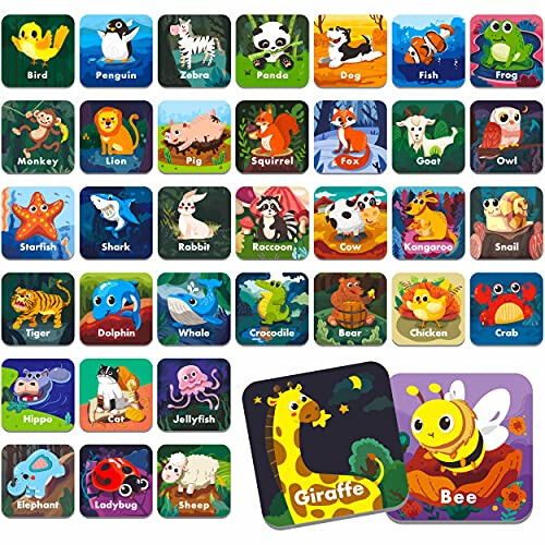 Hebayy 36 Pair Animal Matching Memory Game Flash Cards for Toddlers ...
