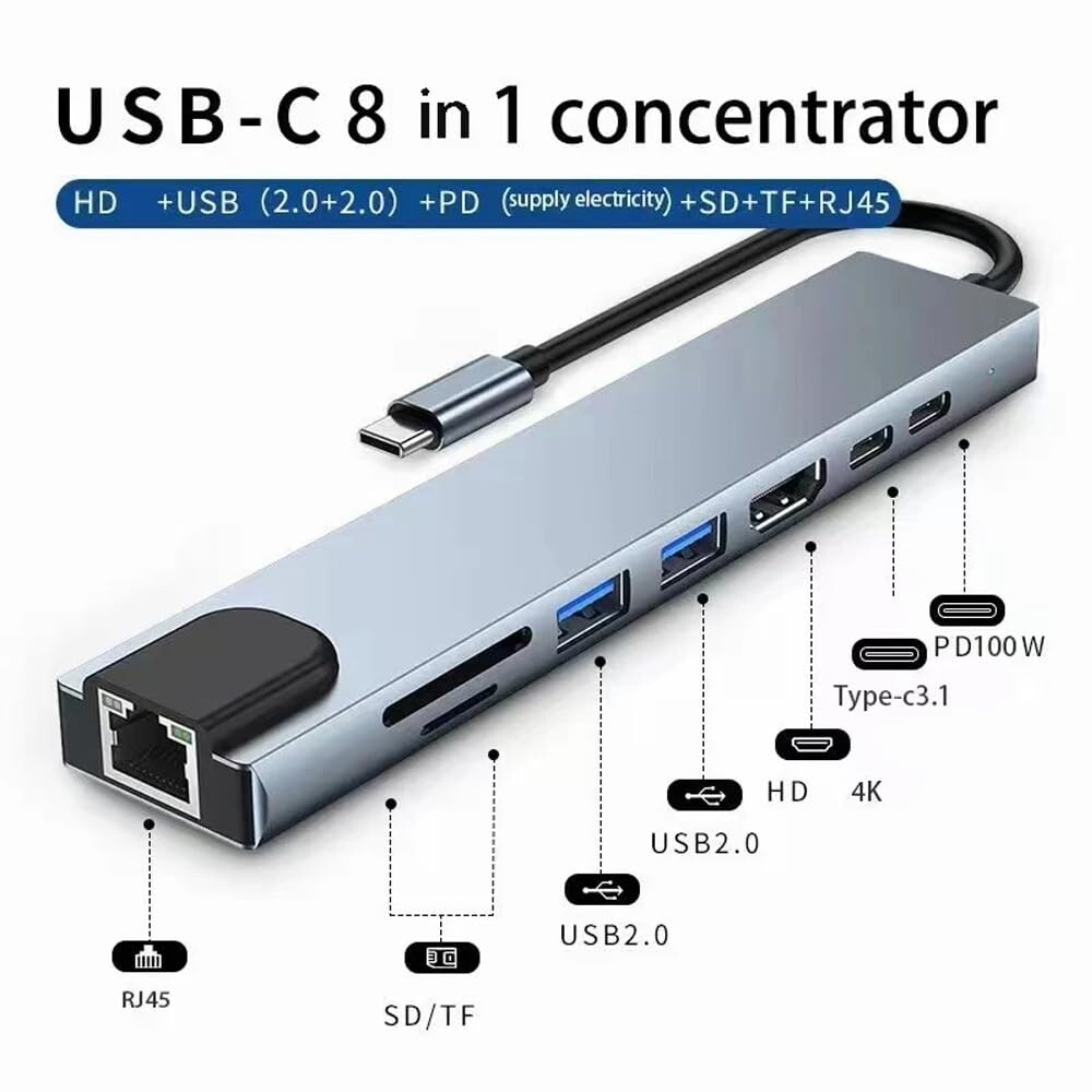 8 em 1 Rj45 100 Mbps Usb C Hub para Adaptador Laptop Universal ...