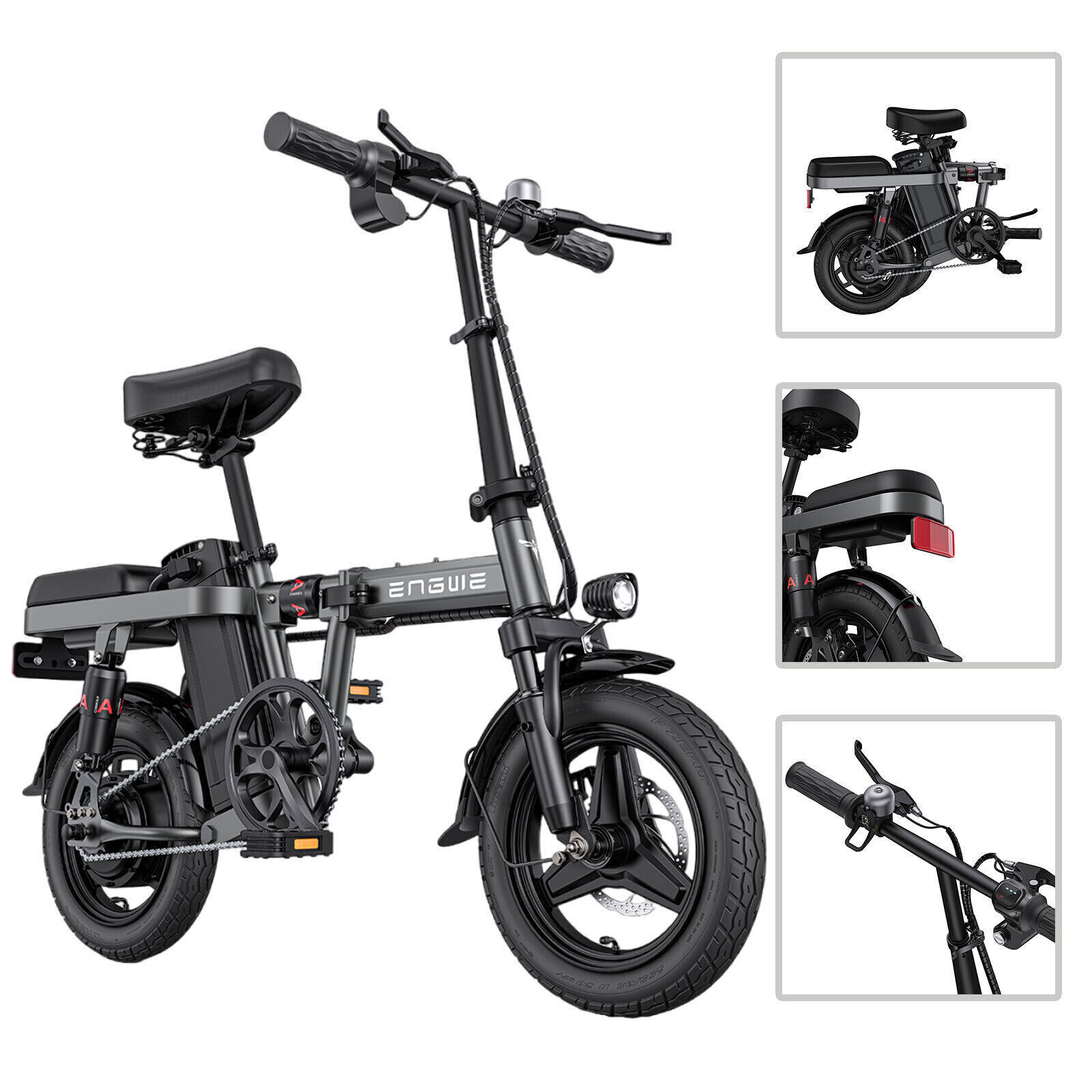 (GREY) ENGWE T14 Folding Electric Bike 14'' Tires Portable E-bike, 48V 10Ah Removable Battery ...