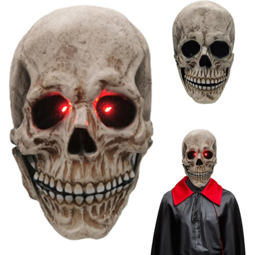 Skull Mask Moving Jaw Full Head Halloween Mask with Red Light Glowing ...
