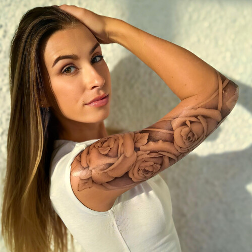 full arm temporary tattoo biker gothic rose flower 80's rocker chick ...