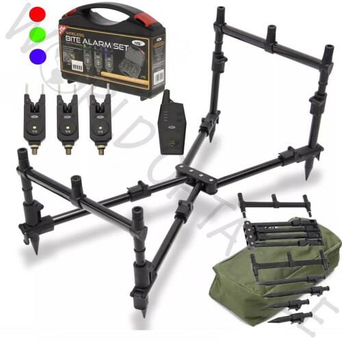 Rod Pod Carp Fishing 3 Rod Nomad NGT AND Wireless Bite Alarm Set and ...