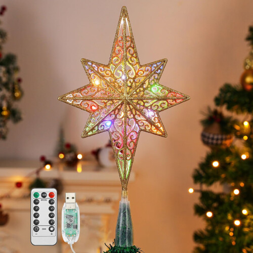 Lewondr Christmas Tree Topper USB Powered Remote Controlled 14 Inch B ...
