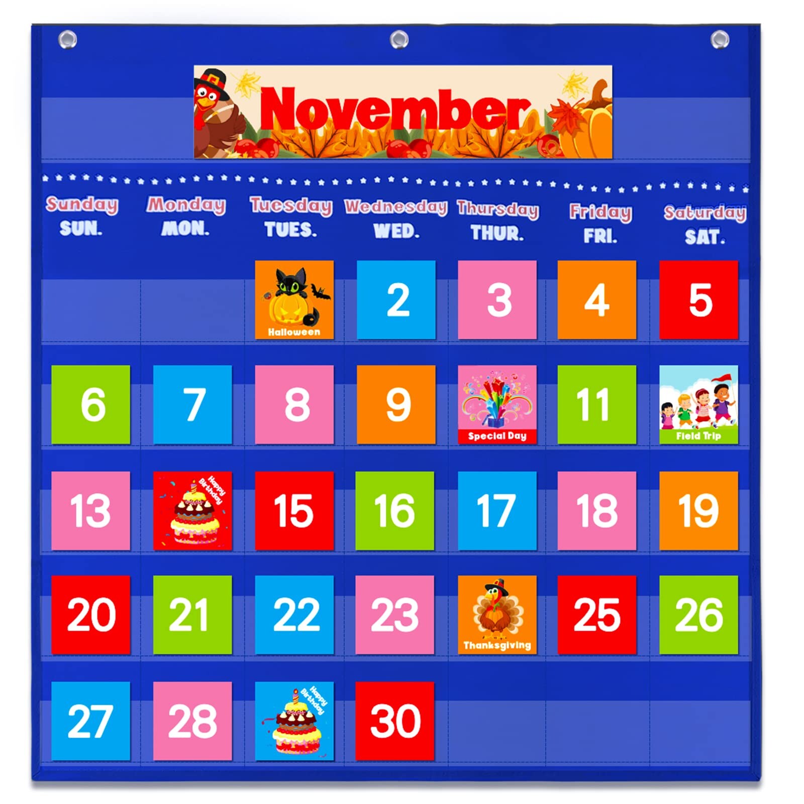 VNOM Blue Calendar Pocket Chart for Classroom School Pocket Calendar ...