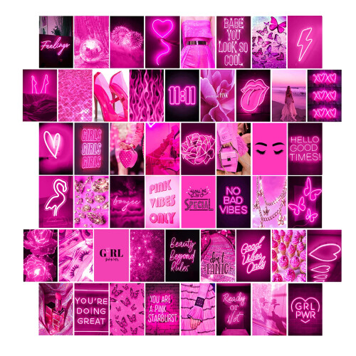WOONKIT Pink Wall Collage Kit Pink Neon Hot Pink Room Decor Bedroom on ...