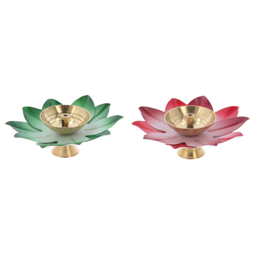 (Red & Green) Brass Diya Deepak Oil Lamp Diva Lotus Hindu Diwali ...