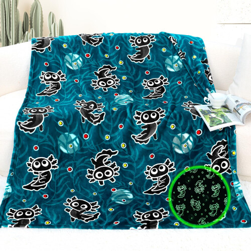 Glow in The Dark Axolotl Blanket Soft Plush Fleece Blue Blanket for ...