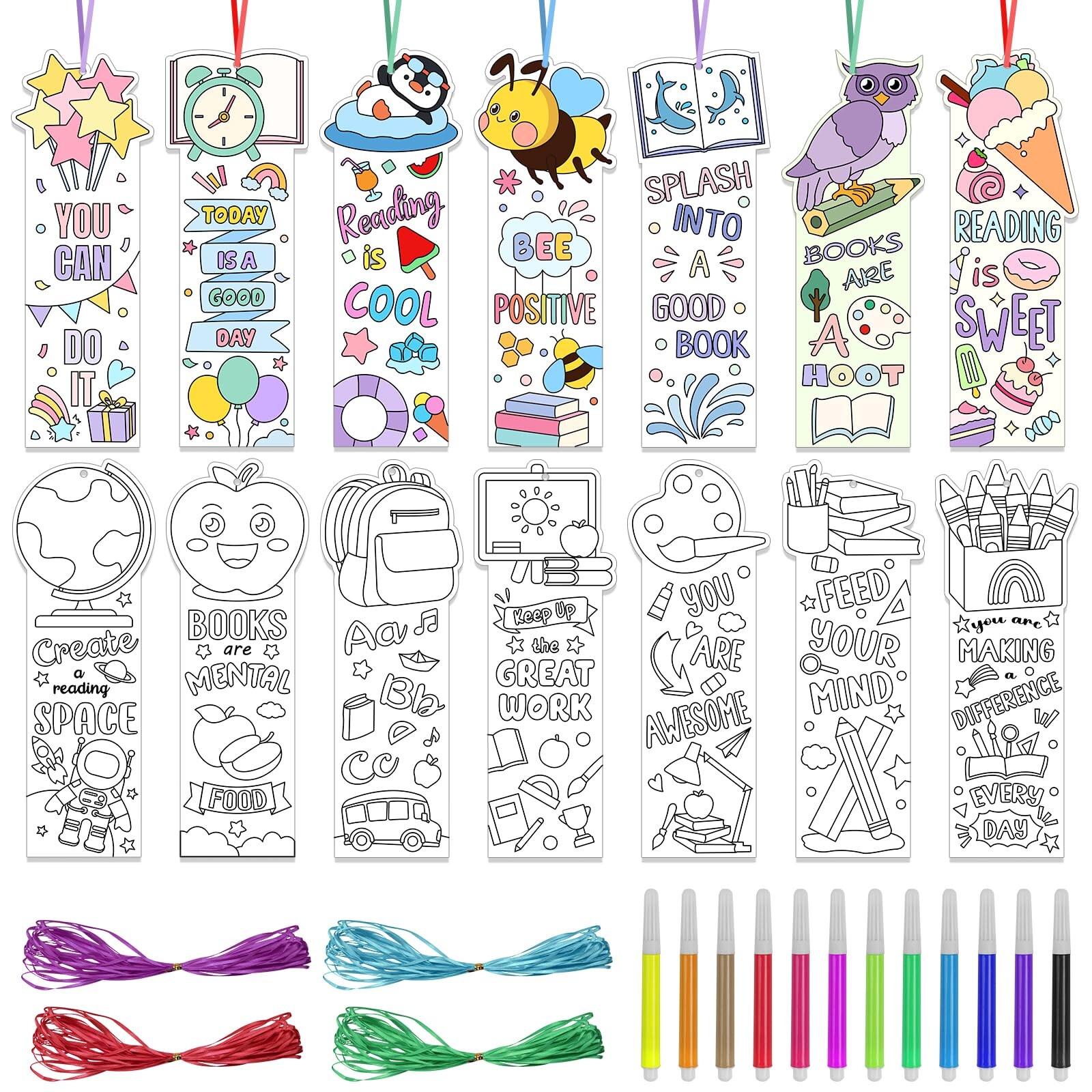 140 PCS Back to School Color Your Own Bookmarks Inspirational DIY ...