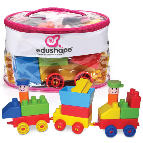 Edushape Train-Themed Soft Baby Blocks for Toddlers 1-3 30 Pieces - Easy Storage in PVC Bag ...