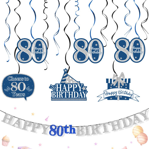 AERZETIX Happy 80th Birthday Blue Decorations Set 12Pcs 80th Birthday ...