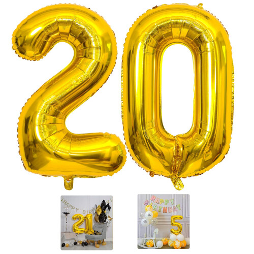20 Number Balloon Gold 40 inch Big Foil Mylar 20th Balloons for 20 Year ...