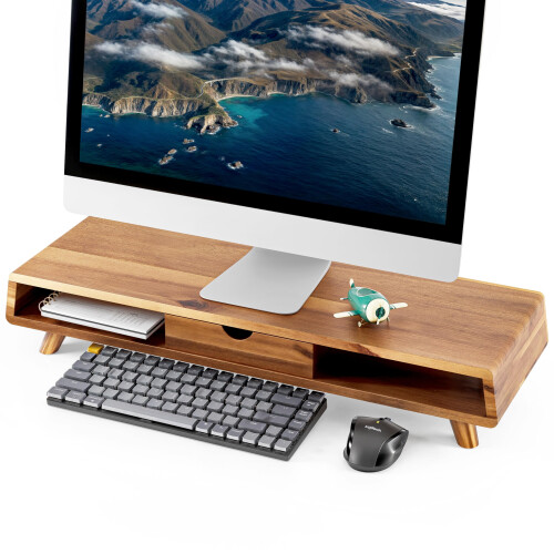 TINAMO Acacia Wood Monitor Stand with Drawer - Wooden Monitor Riser for ...