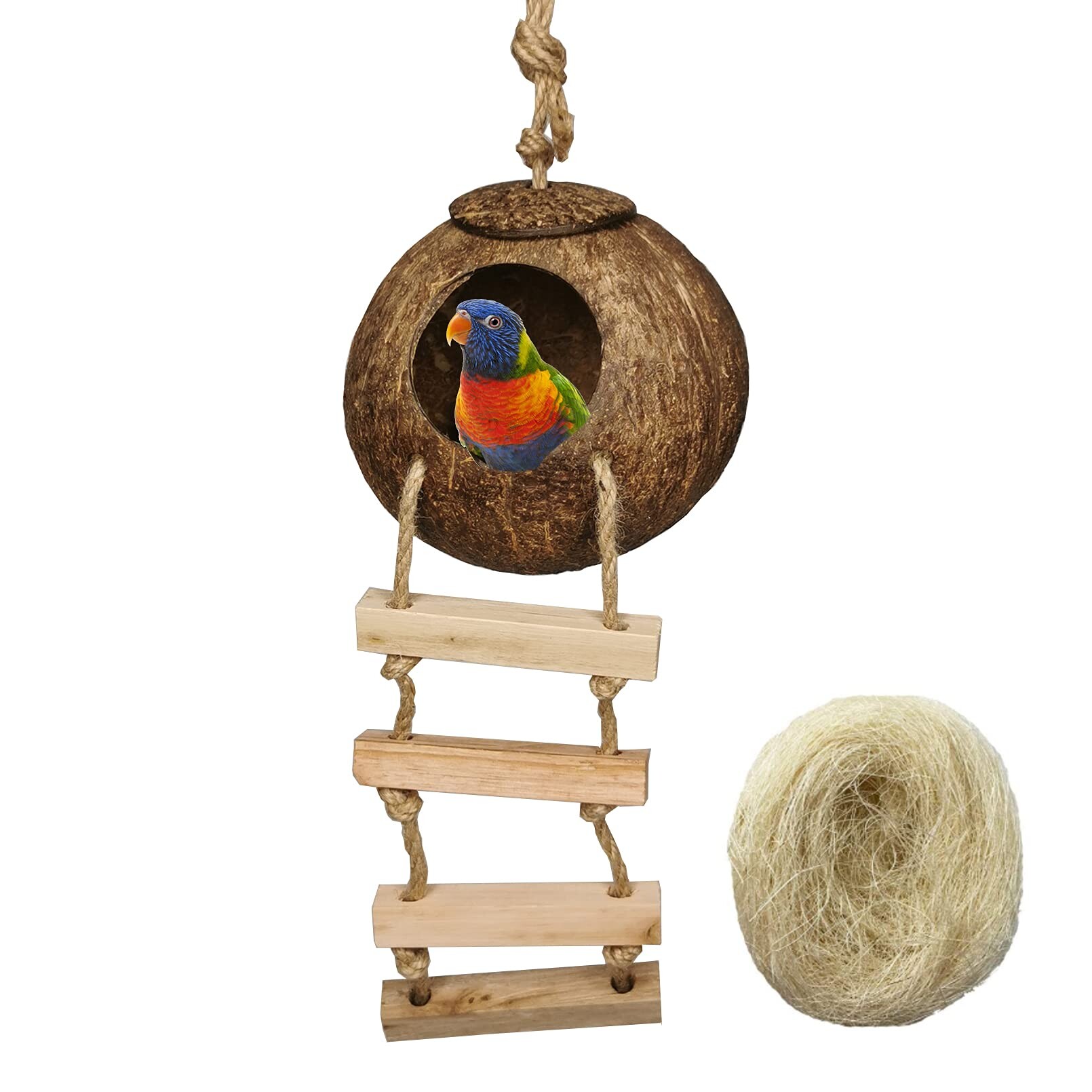 Hanging Bird House with Ladder Natural Coconut Fiber Shell Bird Nest ...