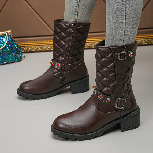(Brown, 41) Womens Chic Vintage Style Boots With Buckle And Rivet ...
