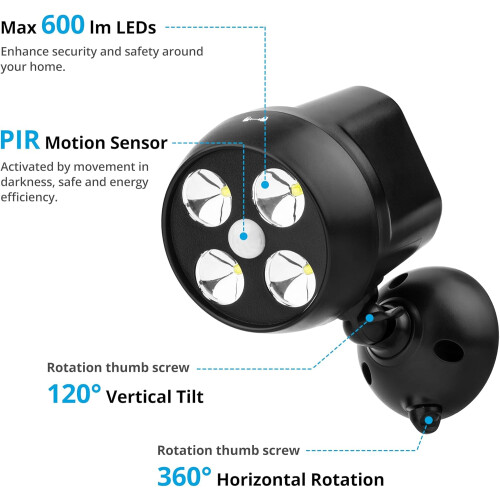 NICREW Battery Powered Outdoor LED Security Light 2-Pack, PIR Motion ...