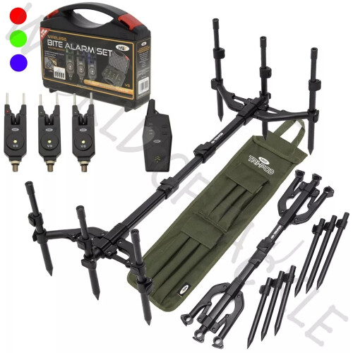 NGT 3 Rod Pod and Wireless Alarm Set Receiver Carp Fishing TRI-POD ...