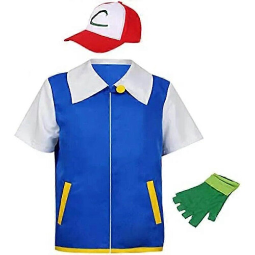(120, Costume Set) Ash Ketchum Cosplay Costume Blue Coat Hat Gloves Set ...