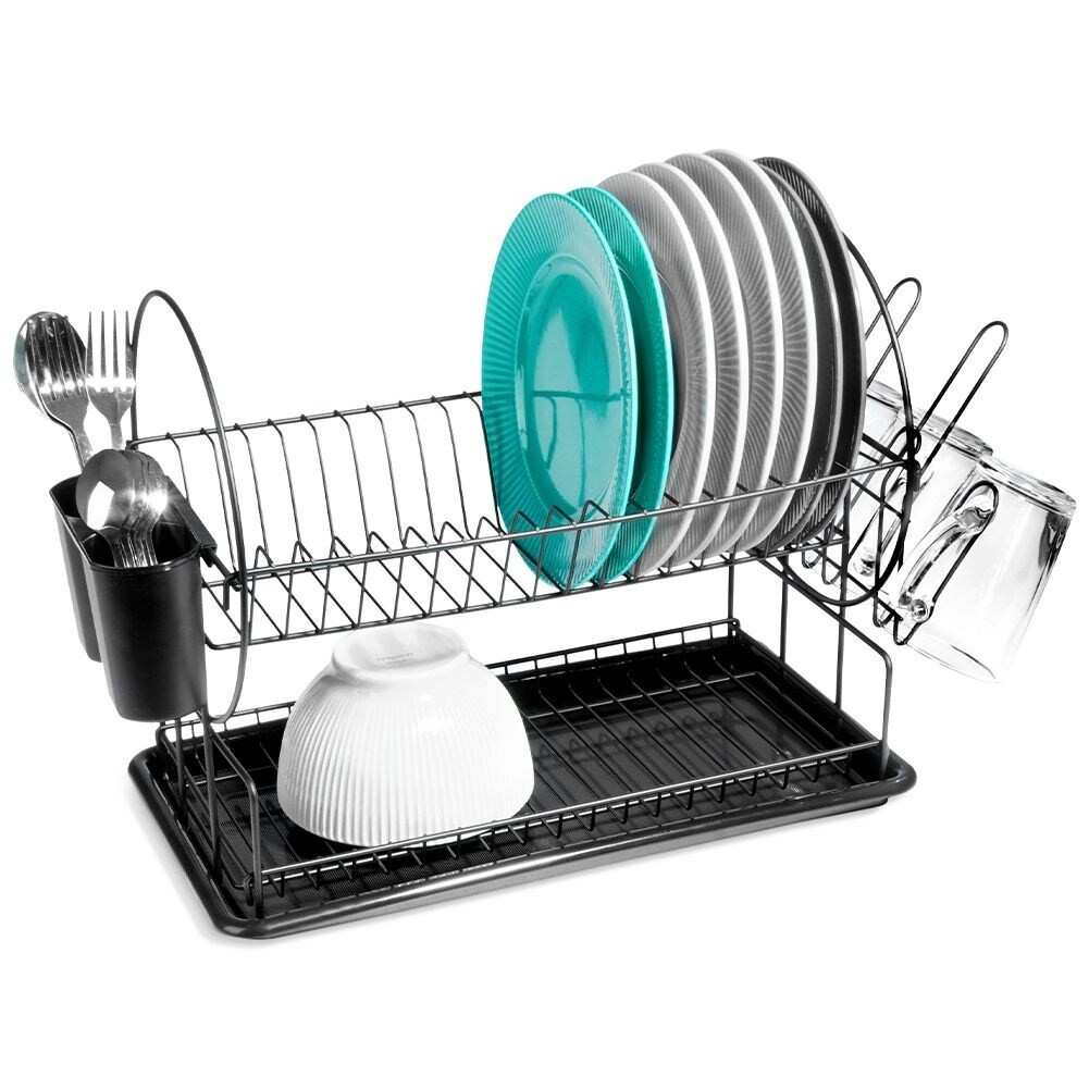 Compact two-tier black dish rack with draining tray on OnBuy