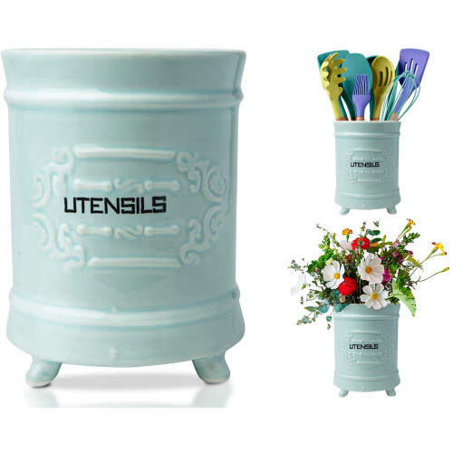 French Blue Ceramic Utensil Holder Vintage Style Kitchen Utensil Caddy ...