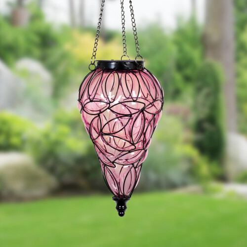 Exhart Outdoor Garden Solar Lights Tear-Shaped Glass and Metal Hanging ...