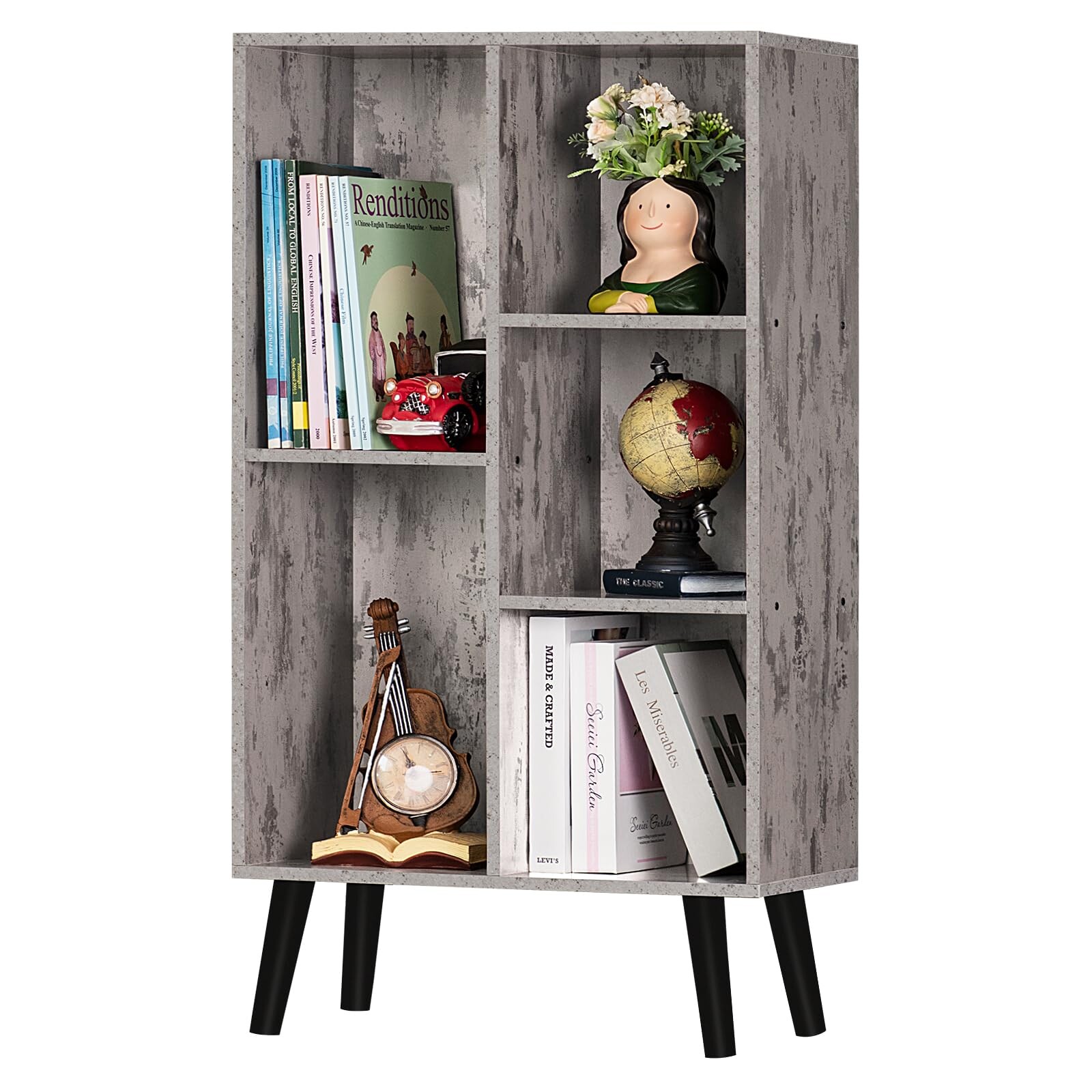 5 Cube Small Bookshelf 3 Tier Mid-Century Modern Bookcase with Legs ...